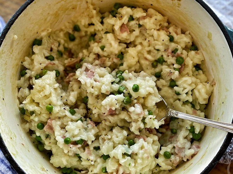 Vintage Cheddar, Ham and Pea Risotto - Pong Cheese